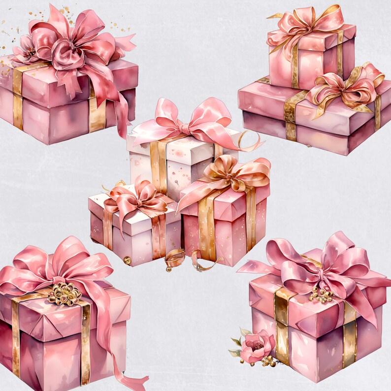 Birthday Present Clipart, Pink & Gold Gift Box, Watercolor Party Png ...