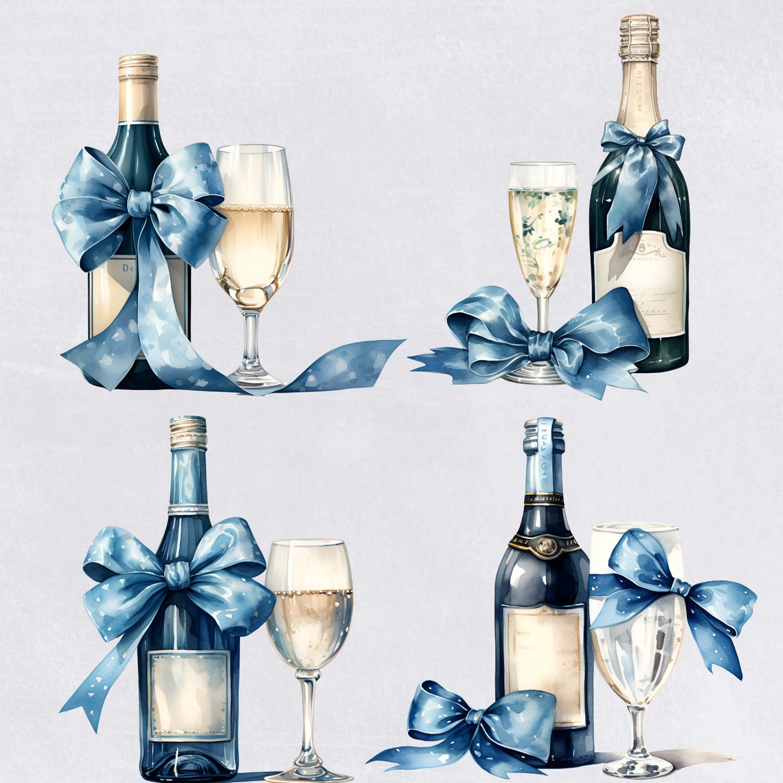 Champagne Bottle and Glass Clipart, Blue & Gold Engagement or ...