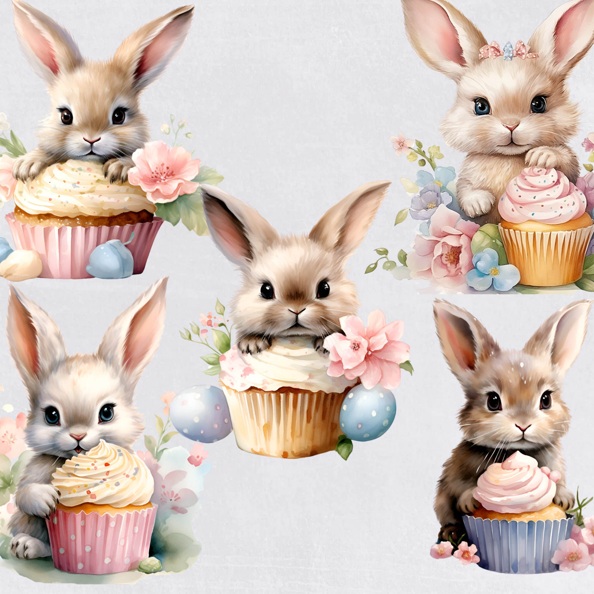 Easter Cupcake Clipart, Bunny Clipart Transparent, Watercolor Bunnies ...