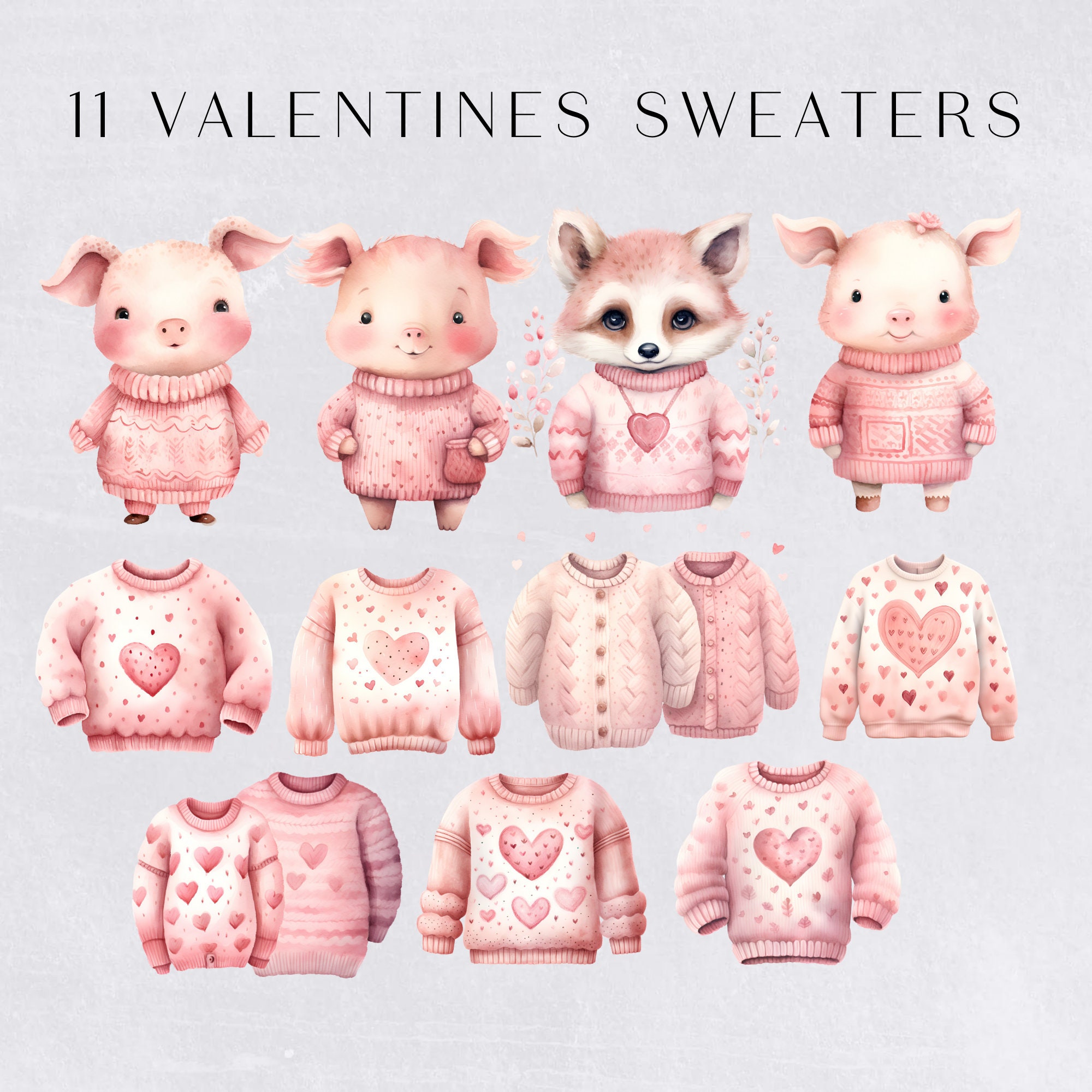 Valentines Day Sweater Clipart, Pink Jumper Clip Art, Cute Animals in ...