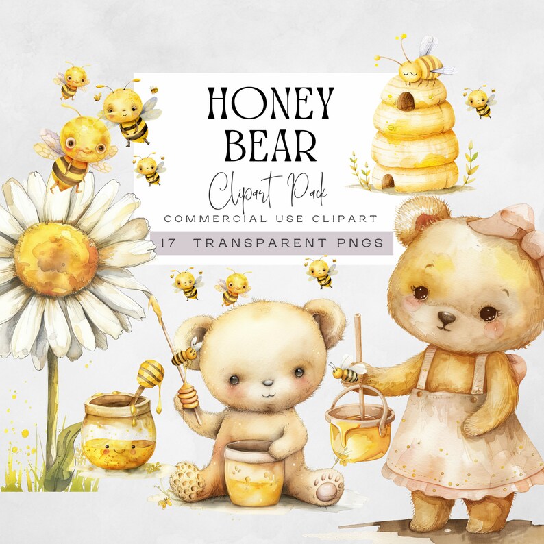 Honey Bear Watercolor Digital Clipart, Bee and Honeypot Clip Art, Paper ...