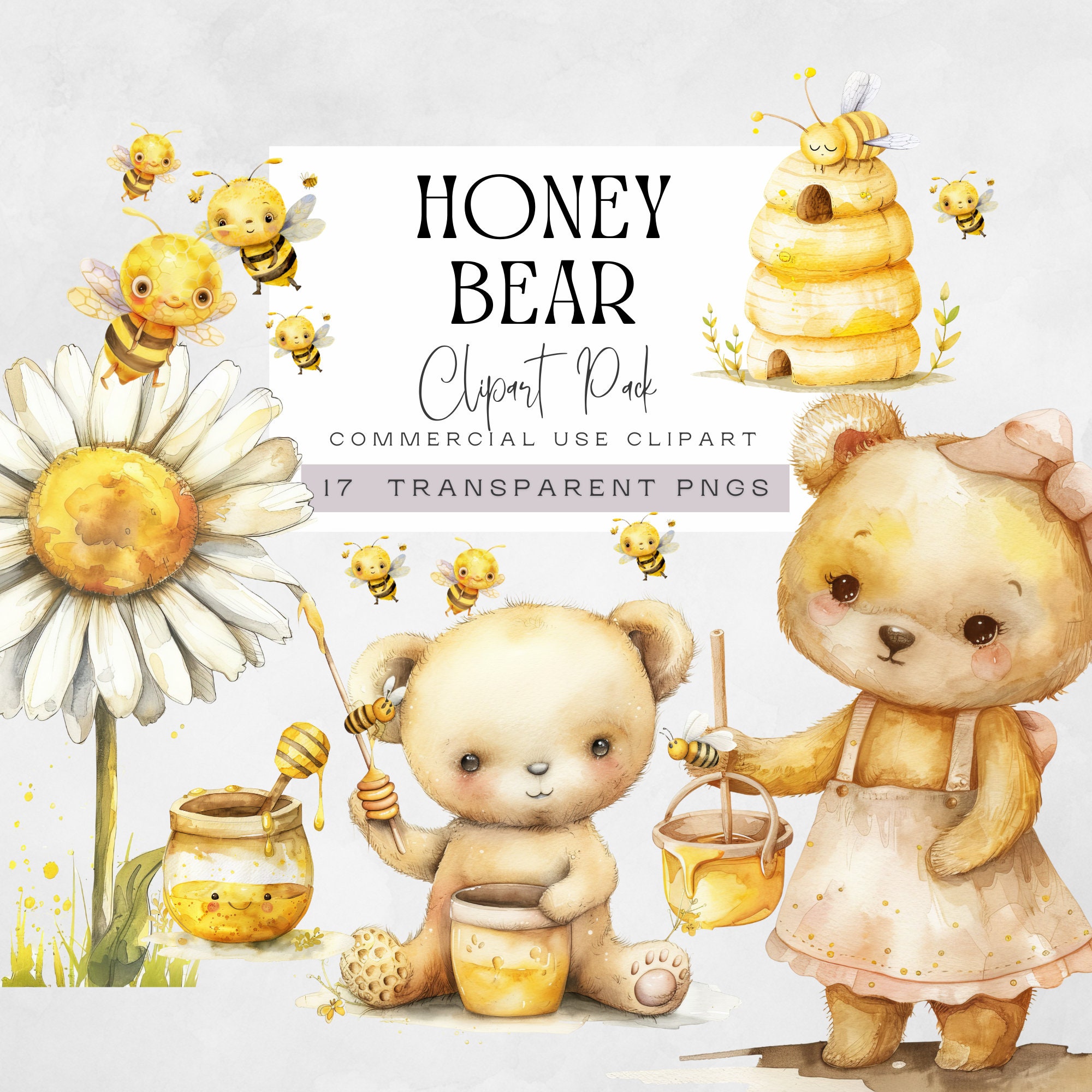 Honey Bear Watercolor Digital Clipart, Bee and Honeypot Clip Art, Paper ...