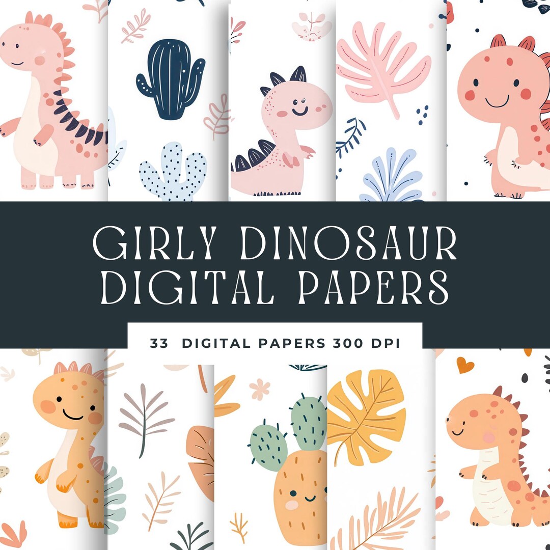 Girly Dinosaur Digital Papers, Cute Pink Girl Dino Patterns for Kids ...