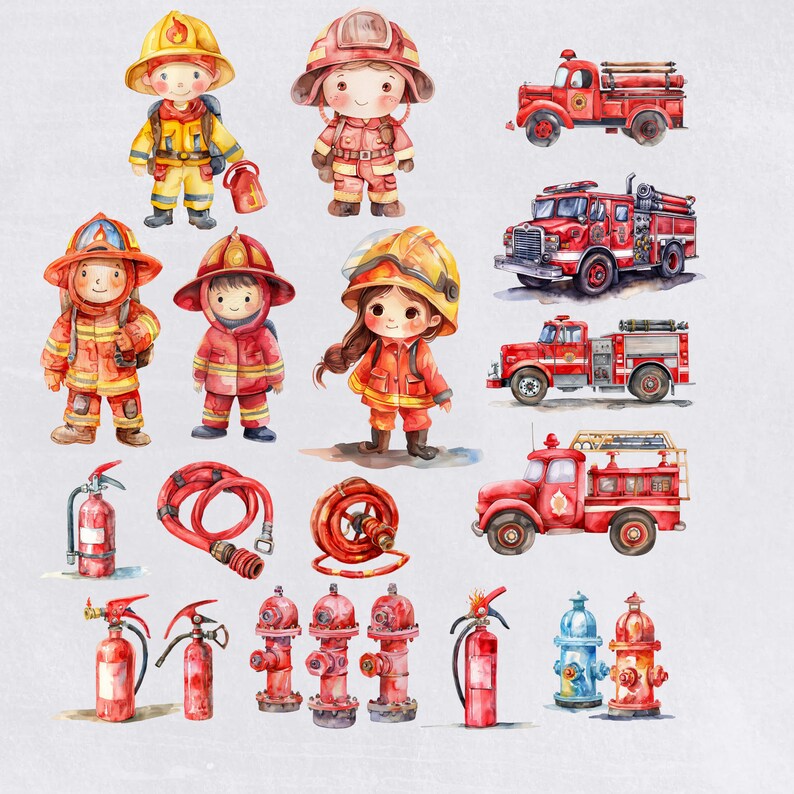 Firetruck Watercolor Clipart, MEGA BUNDLE, Fire Fighter Man Png ...