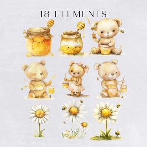 Honey Bear Watercolor Digital Clipart, Bee and Honeypot Clip Art, Paper ...
