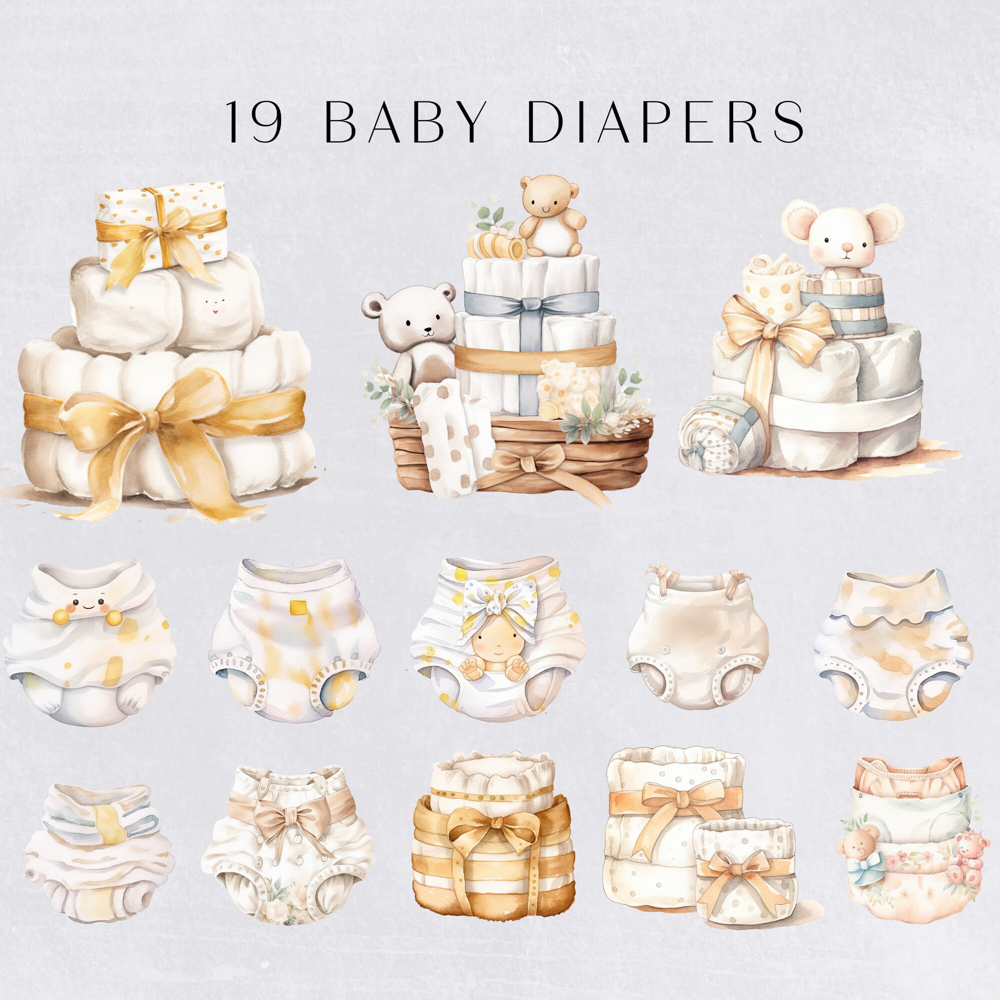 Baby Diapers Clipart, Neutral Watercolor Baby Shower Games Clip Art ...