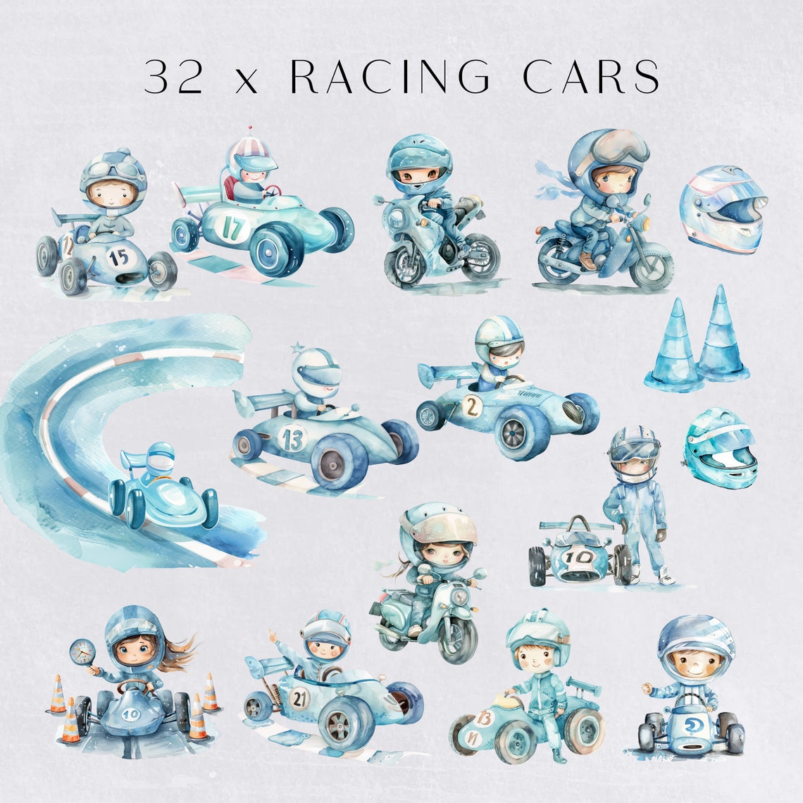 Racing Car Watercolor Clipart, Blue Race Car Clipart, Baby Nursery ...