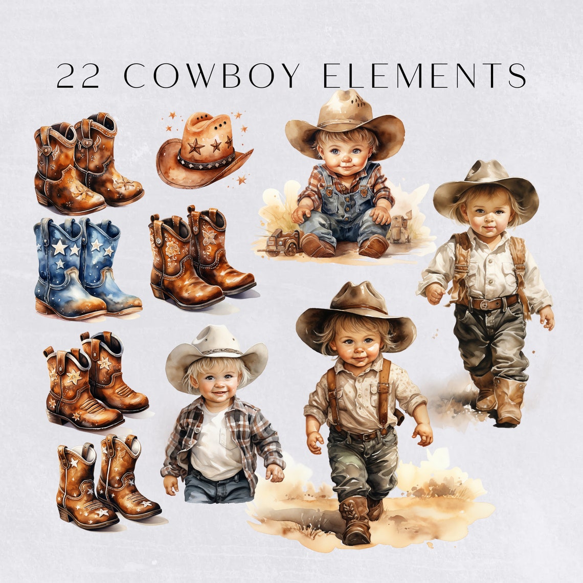 Baby Boy Cowboy Clipart, Watercolor Baby Shower, Cute Little Western ...
