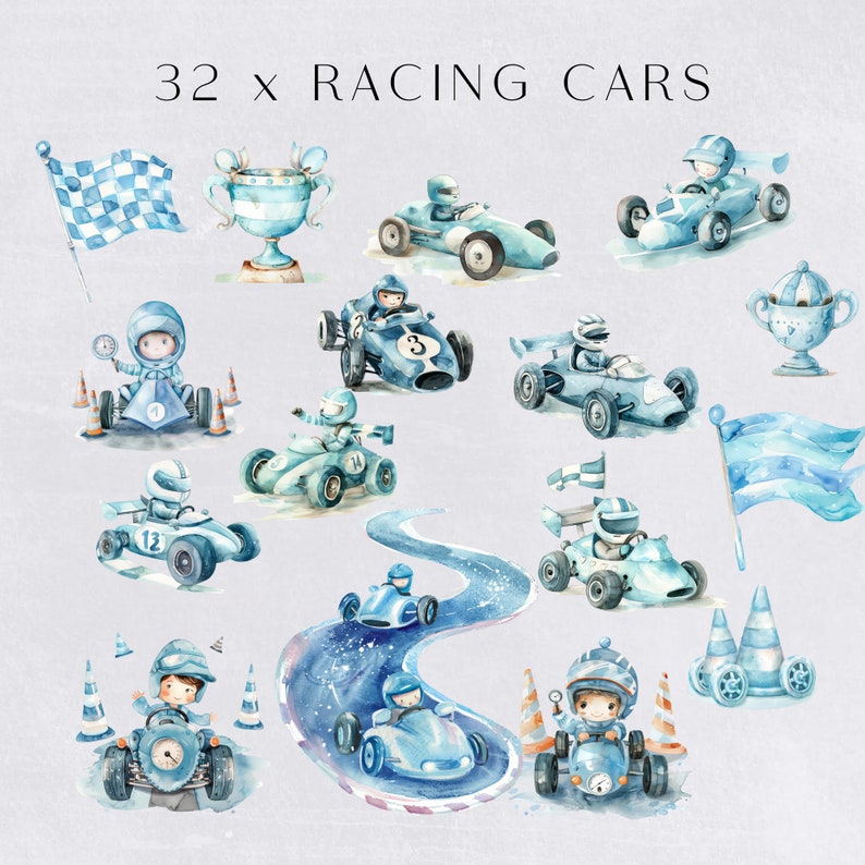 Racing Car Watercolor Clipart, Blue Race Car Clipart, Baby Nursery ...