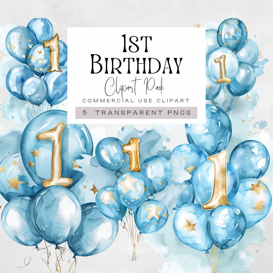 Number Balloon Clipart, Blue and Gold, 1st Birthday Balloons Boy Image ...