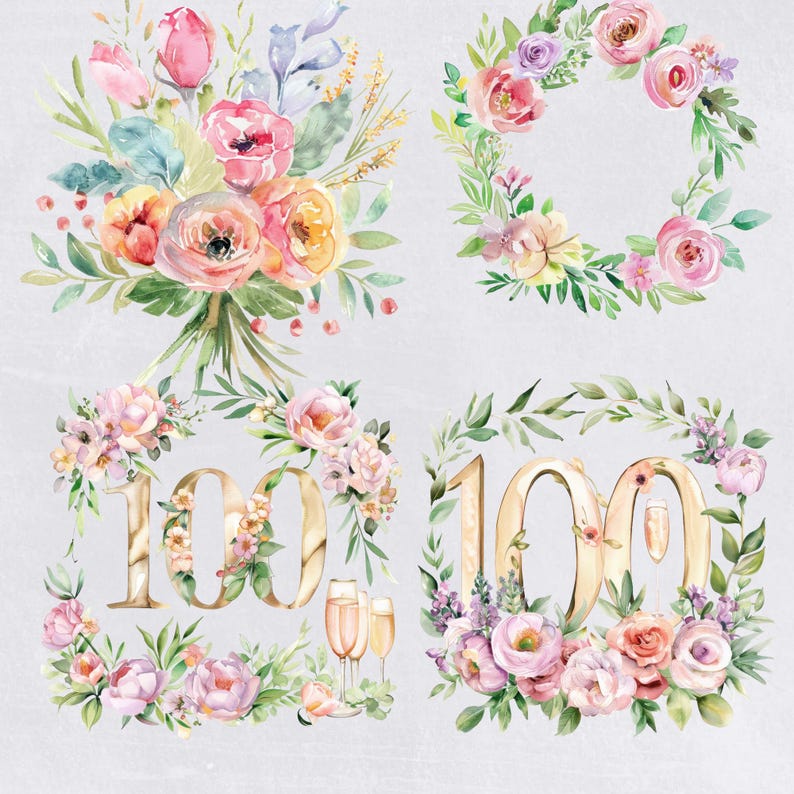 Happy 100th Birthday Png, Floral 100 and Fabulous Clipart, Vintage ...