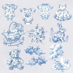 Toile Baby Shower Clipart, Blue Chinoiserie Pngs, Watercolor Baby on ...