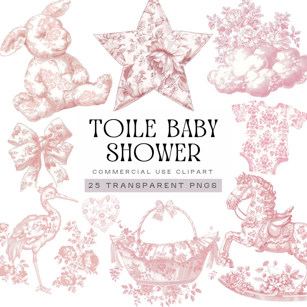 Toile Baby Shower Clipart, Dusty Pink Chinoiserie Pngs, Watercolor Baby ...