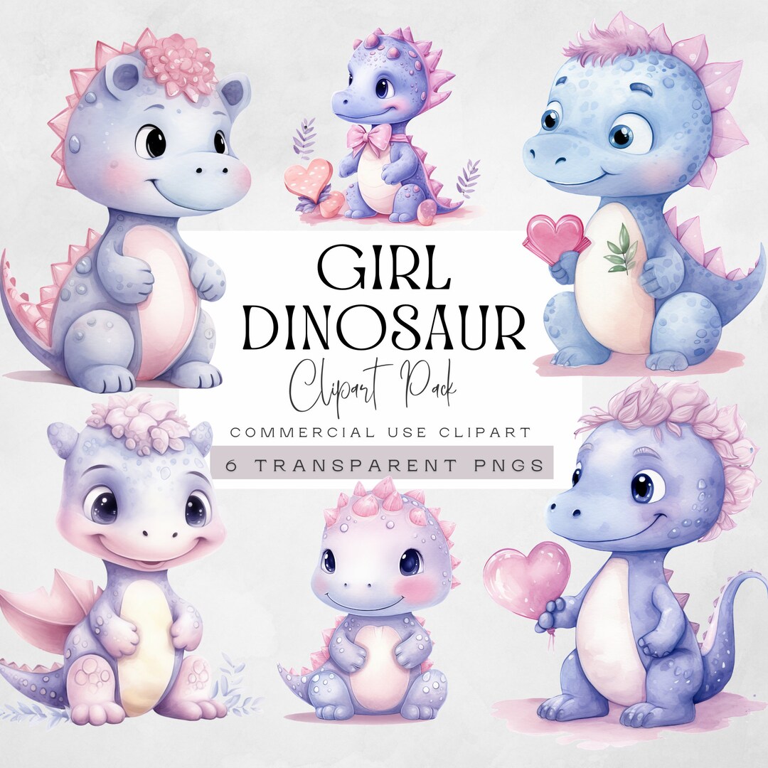 Girl Dino Watercolor Clipart, Cute Pink and Purple Dinosaurs Clip Art ...