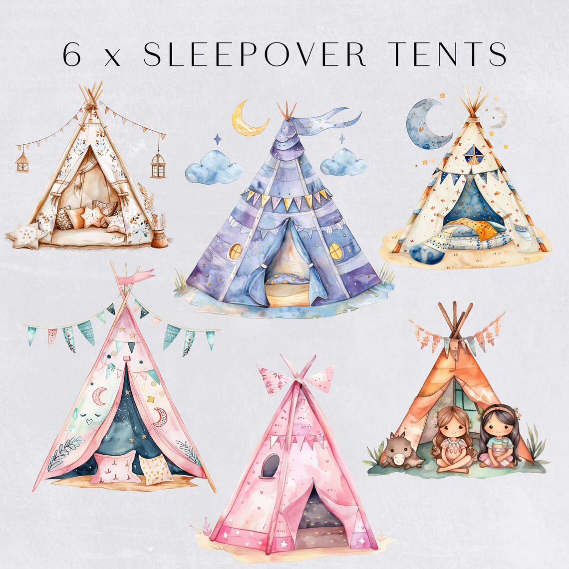 Sleepover Clipart, Cute Sleepover Tents, Glamping Clip Art, Campout ...