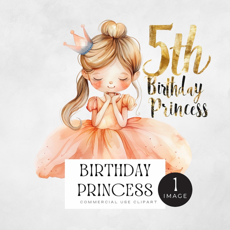 5th Birthday Princess Png SINGLE IMAGE Happy Fifth Birthday Clipart, 5th Party Girl Clipart for ...