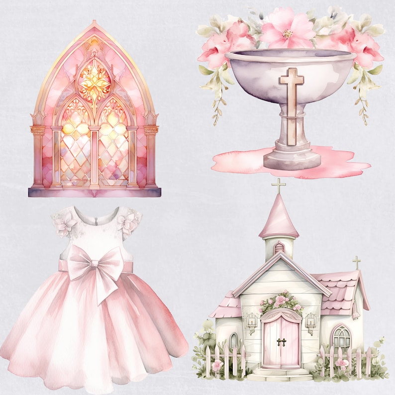 Pastel Pink Baptism Clipart, Watercolor Baby Girls Christening Dress ...