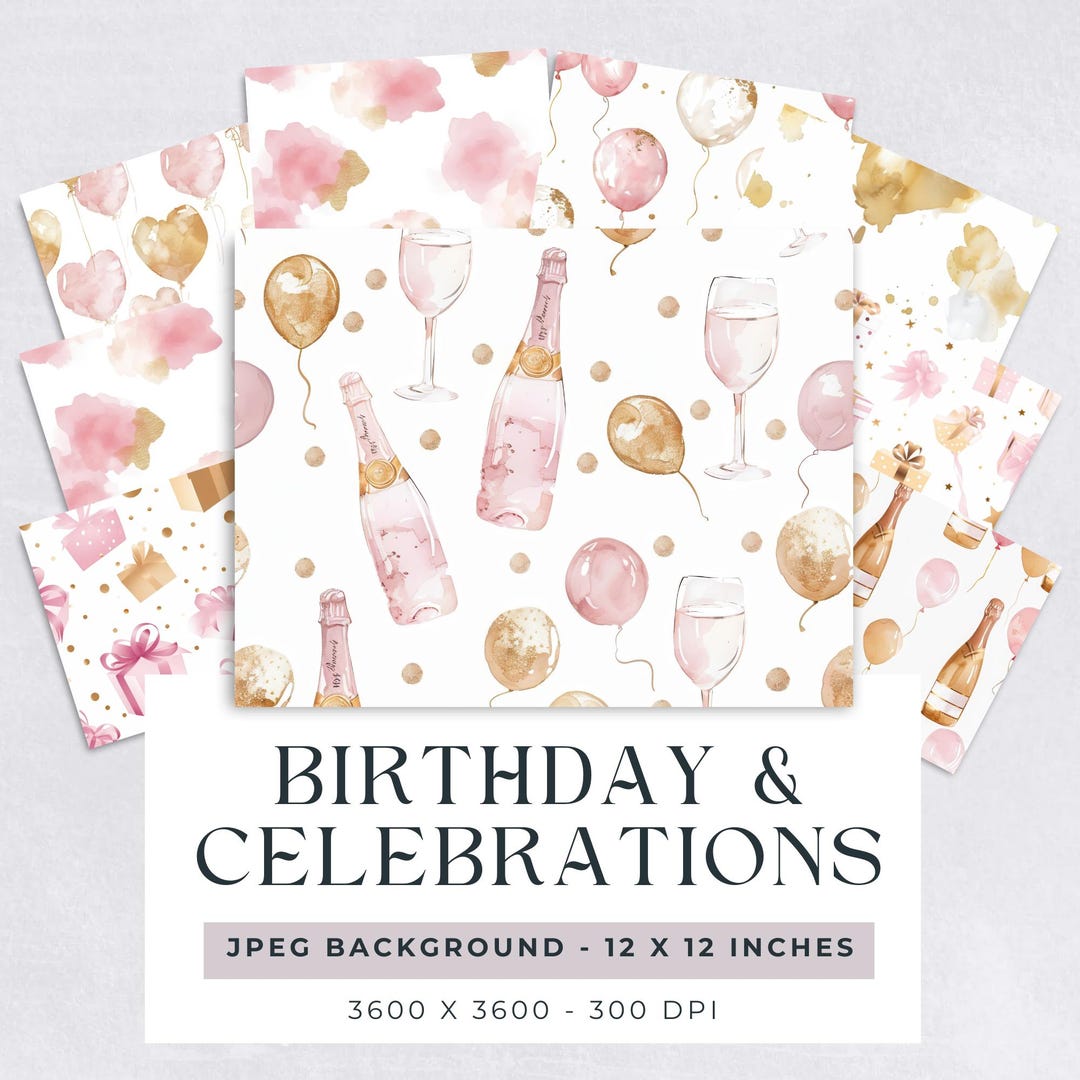Champagne Digital Paper, Celebrations & Balloons Seemless Patterns ...