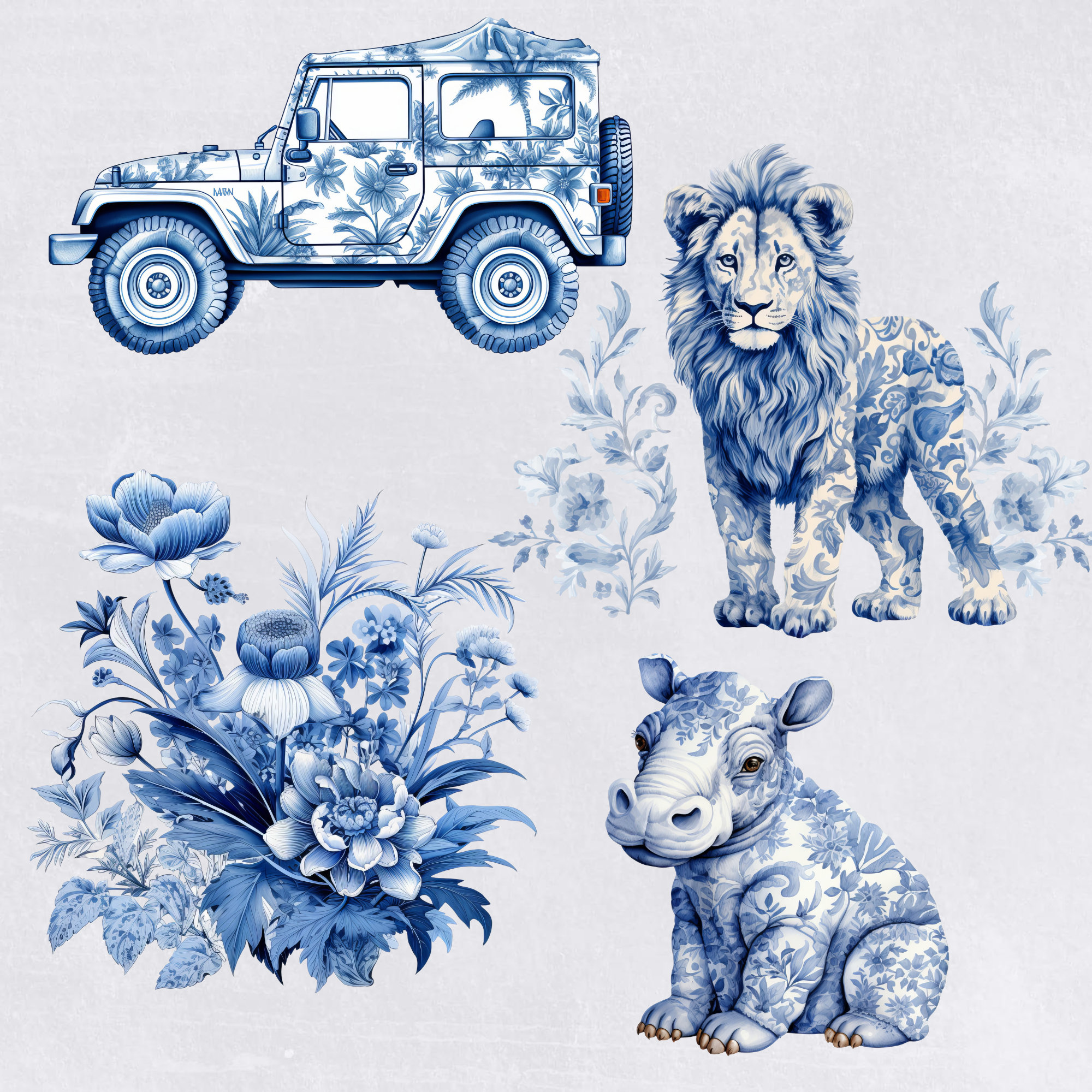 Safari Toile Baby Shower Clipart, Watercolor Chinoiserie Jungle Animals ...