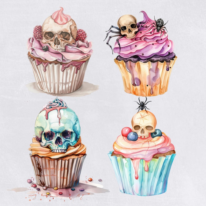 Halloween Cupcakes Clipart, Spooky Skull Treats Clip Art, Creepy Spider ...