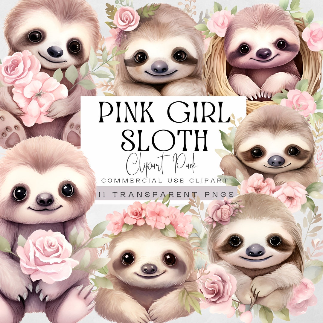 Sloth Girl Clipart, Cute Baby Girl Clip Art, Woodland Animals, Pink Nursery Graphics, Digital ...