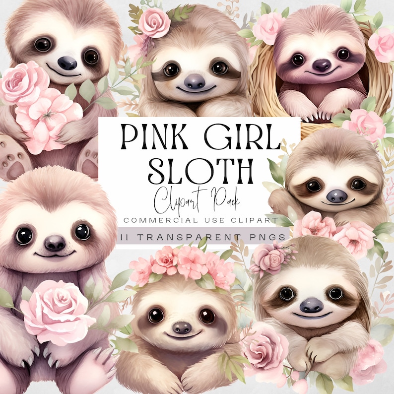 Sloth Girl Clipart, Cute Baby Girl Clip Art, Woodland Animals, Pink ...