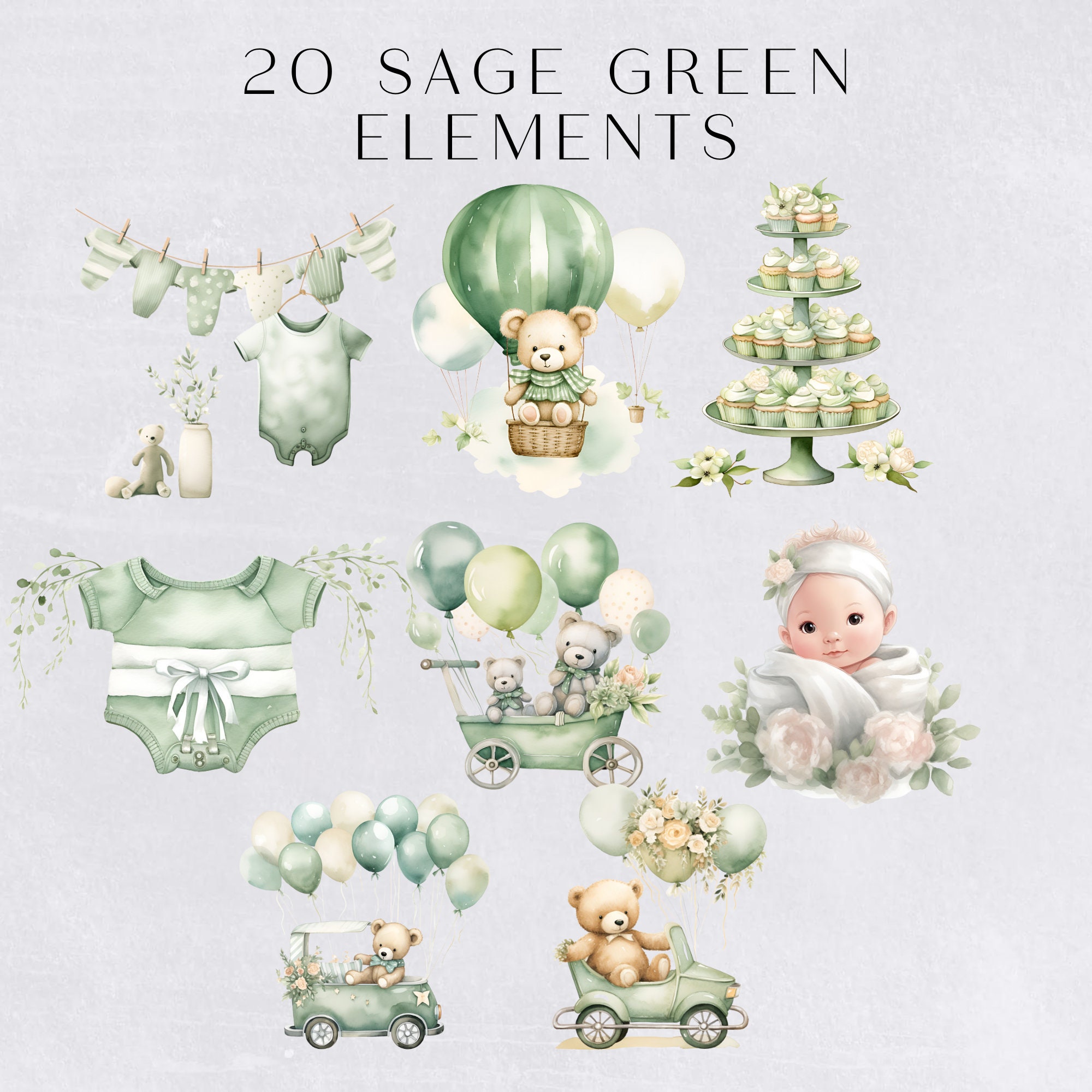 Baby Boy Clipart Sage Green, Gender Neutral Baby Shower Clip Art ...