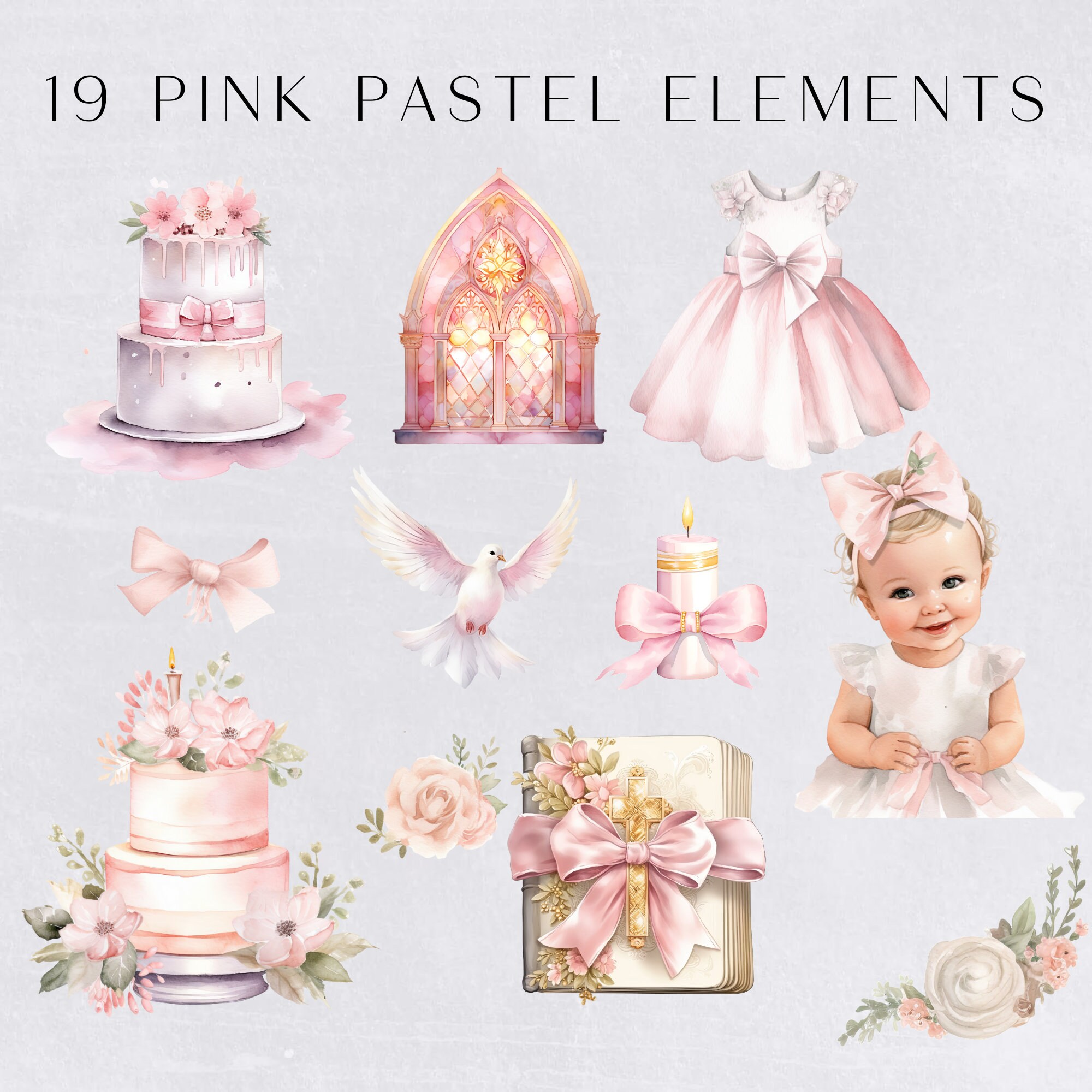 Pastel Pink Baptism Clipart, Watercolor Baby Girls Christening Dress ...