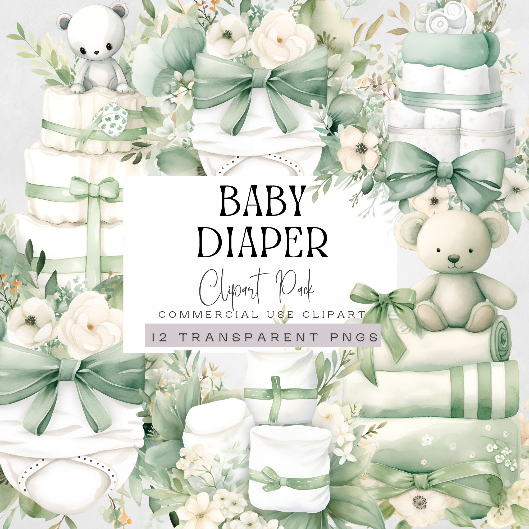Baby Diaper Clipart, Watercolor Sage Green Baby Shower Clip Art, Nappy ...