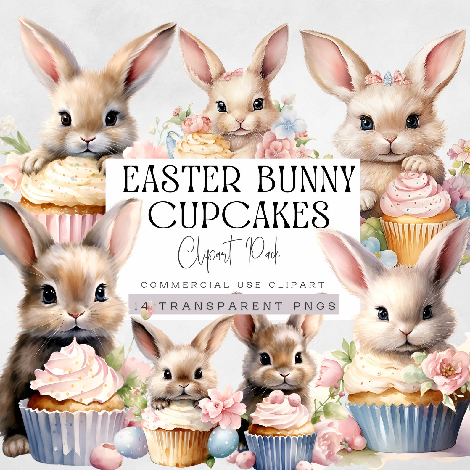 Easter Cupcake Clipart, Bunny Clipart Transparent, Watercolor Bunnies ...