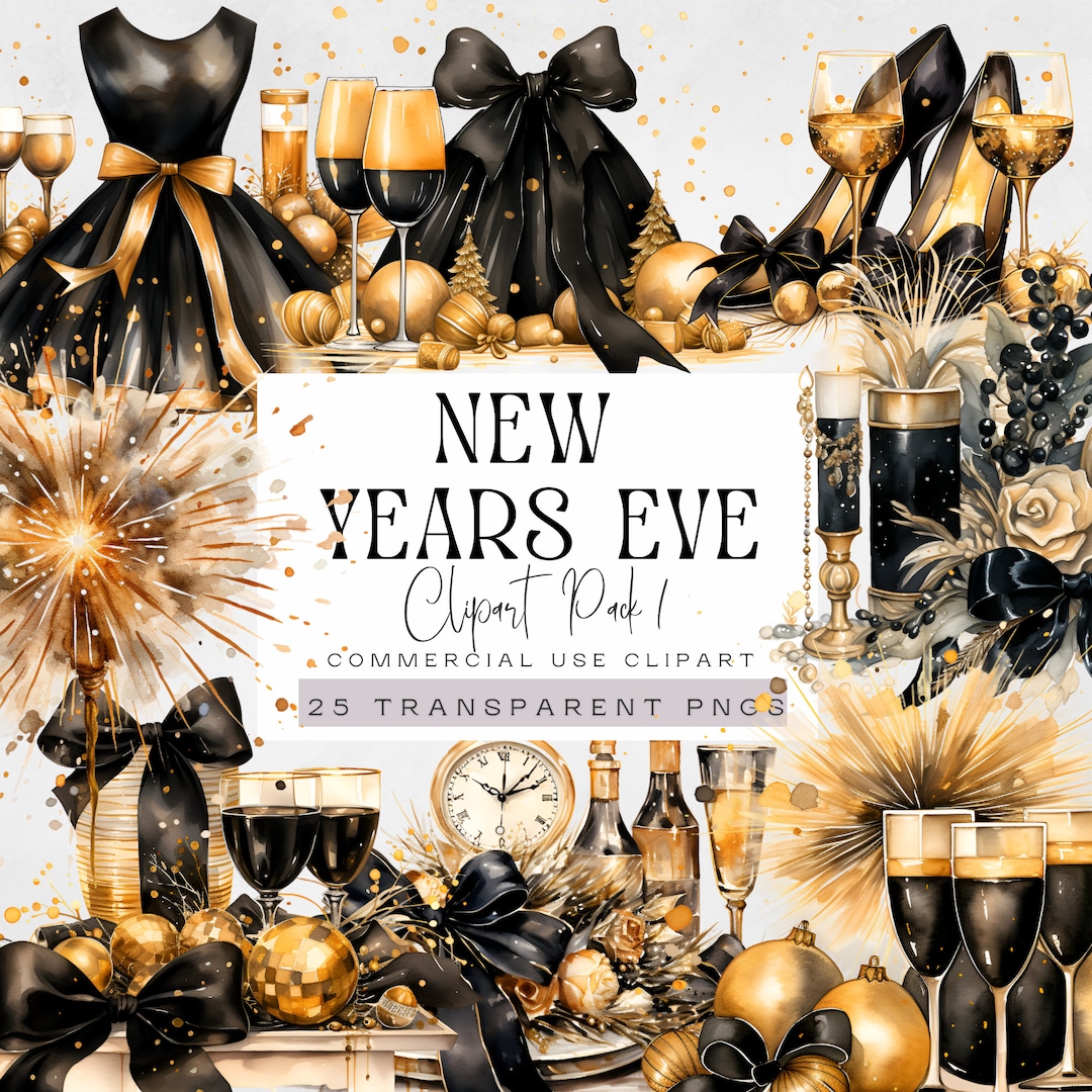 New Year Black and Gold Clipart, Happy New Year 2024 Clipart, 2024 ...