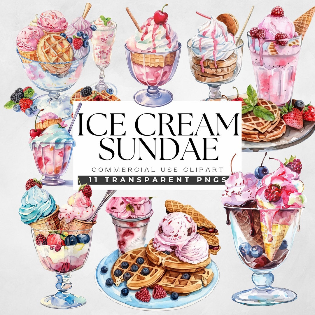 Ice Cream Sundae Clipart, Cones and Sundaes Graphics, Watercolor Summer ...