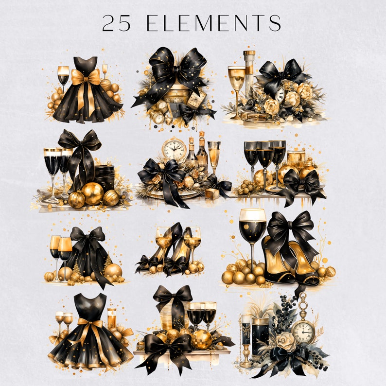 New Year Black and Gold Clipart, Happy New Year 2024 Clipart, 2024 ...
