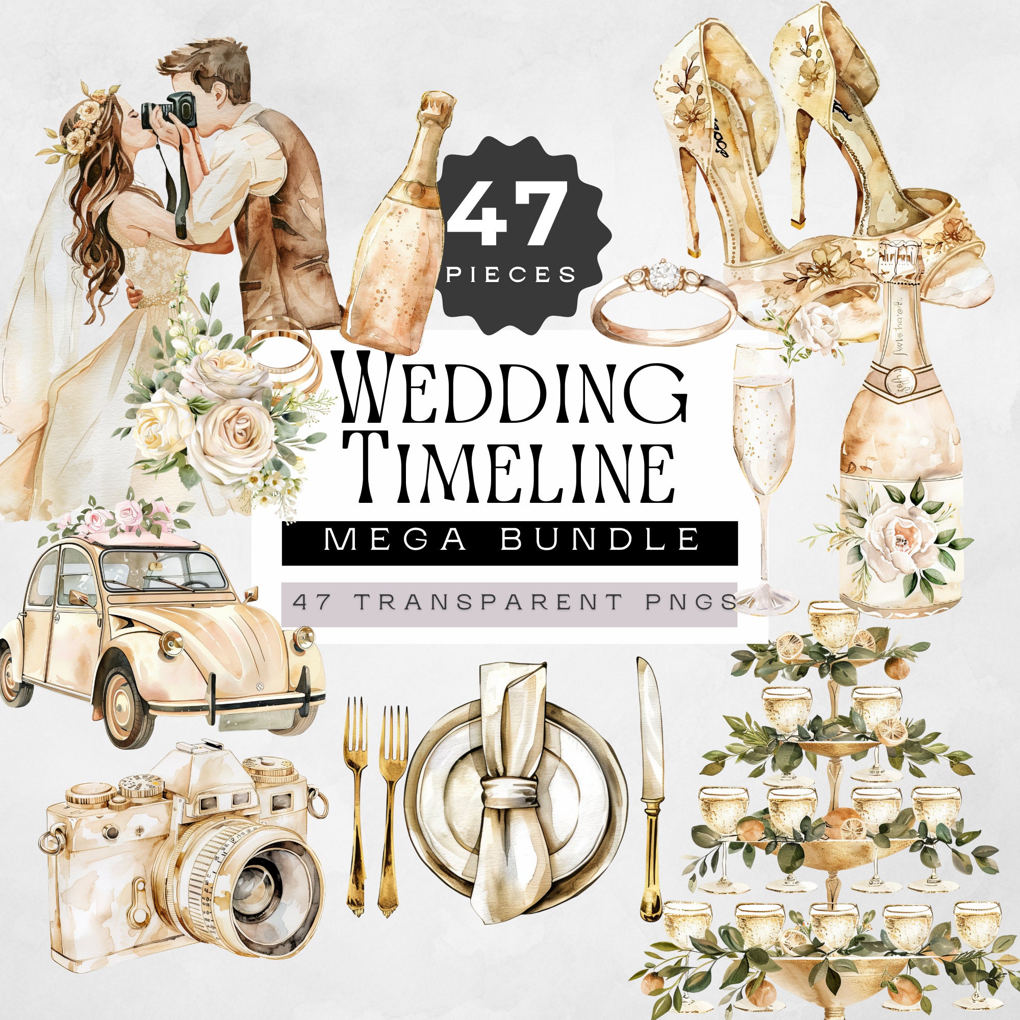Wedding Timeline Clipart, Big Day Itinerary Clip Art, Watercolor ...