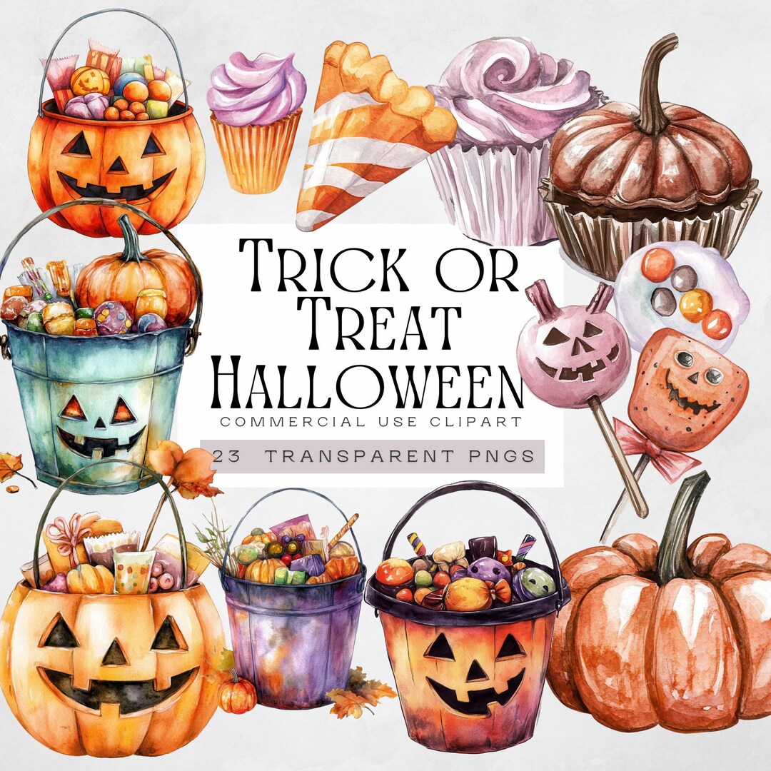 Watercolor Halloween Bucket Png, Cute Jack-o-lantern Candy Buckets ...