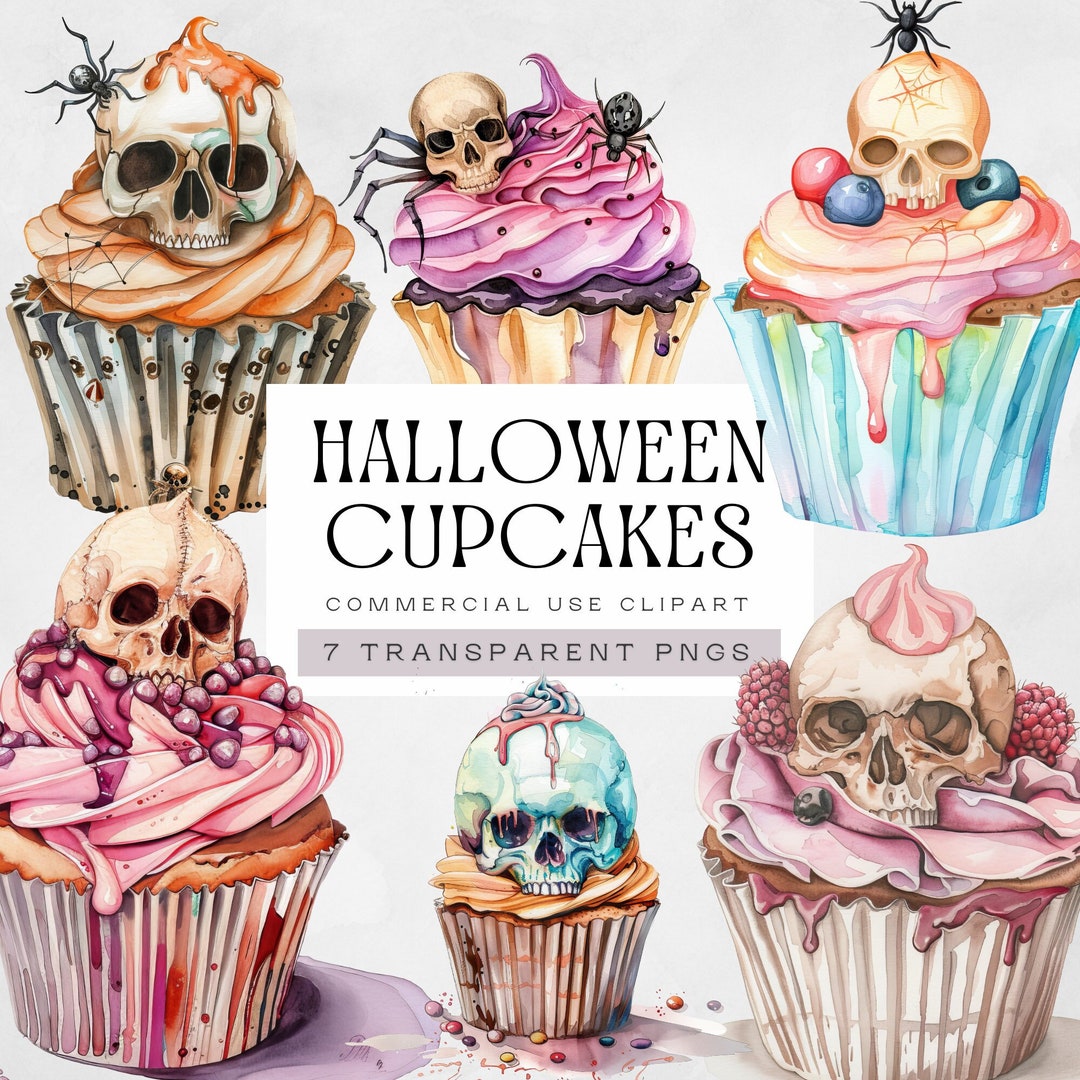 Halloween Cupcakes Clipart, Spooky Skull Treats Clip Art, Creepy Spider ...