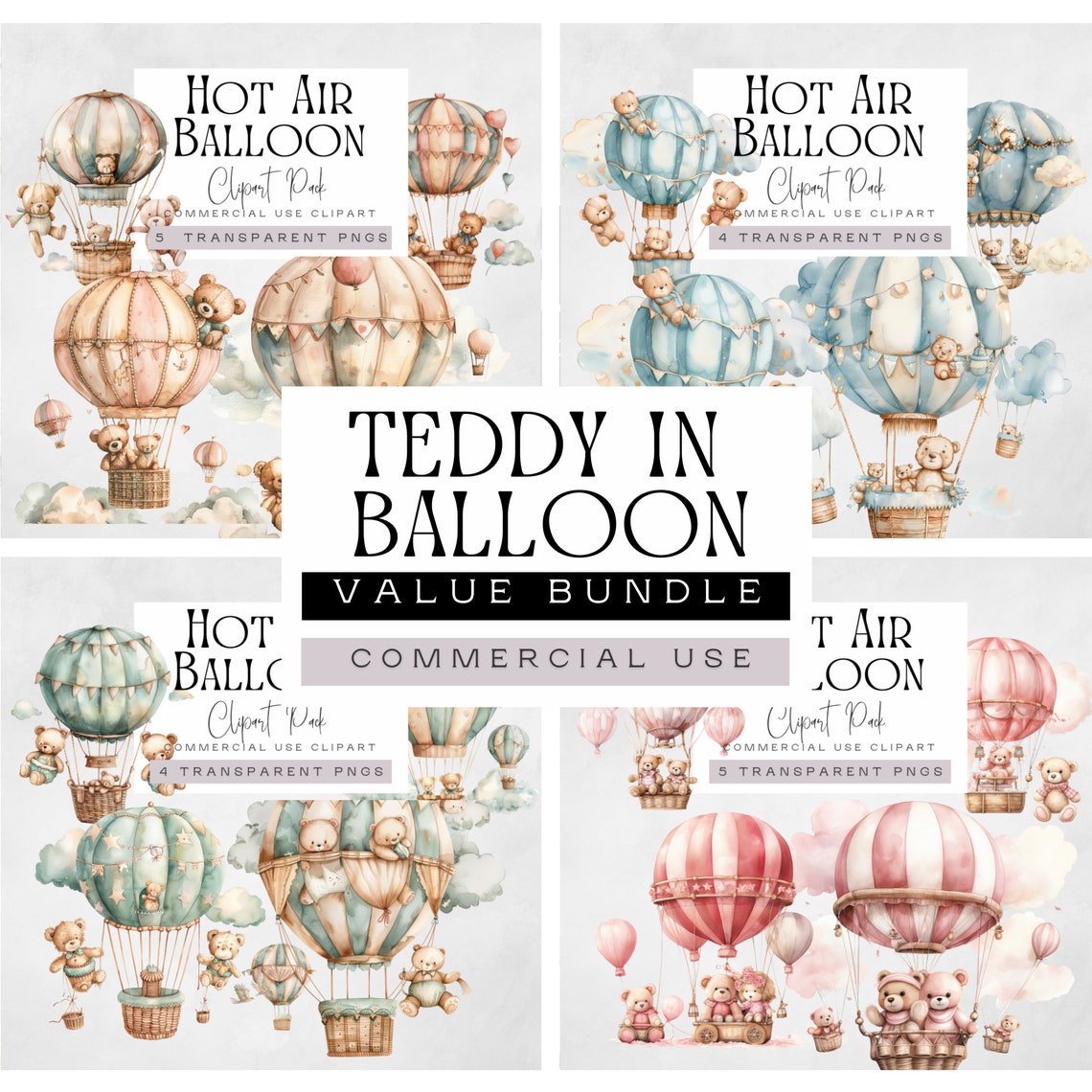 Bear and Hot Air Balloon Clipart BUNDLE Sage Green Teddy Graphics ...