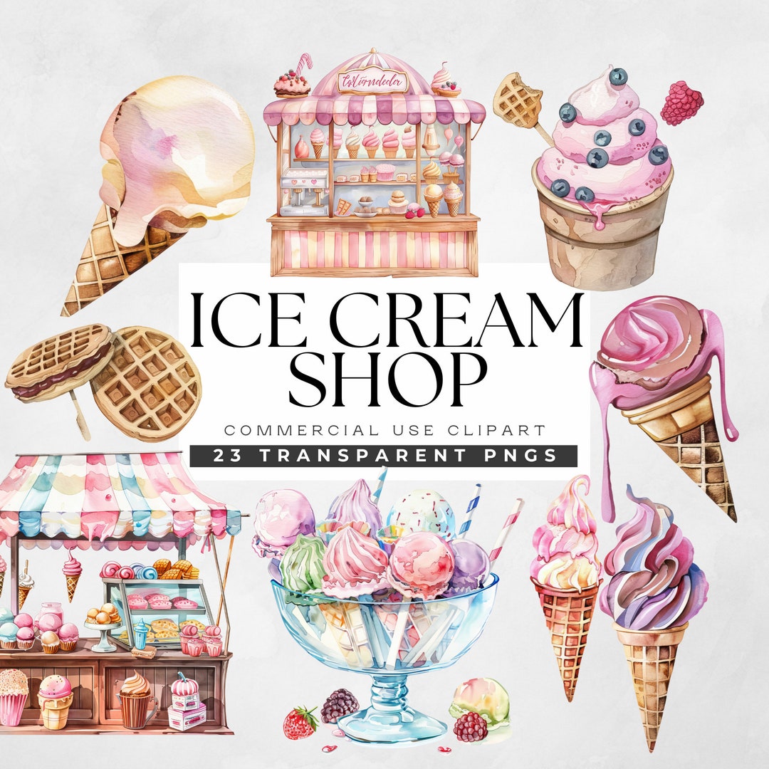 Ice Cream Shop Clipart, Watercolor Summer Clip Art, Icecream Cones ...