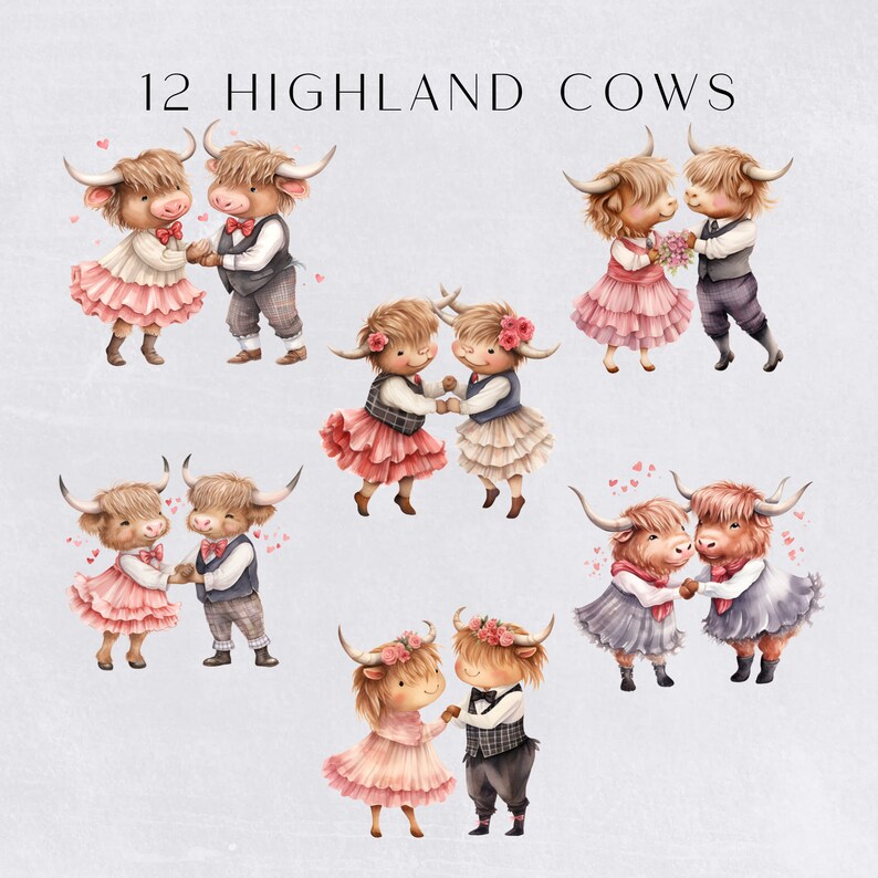 Highland Cow Valentine Clipart, Animal Couple Dancing Clip Art, Love ...