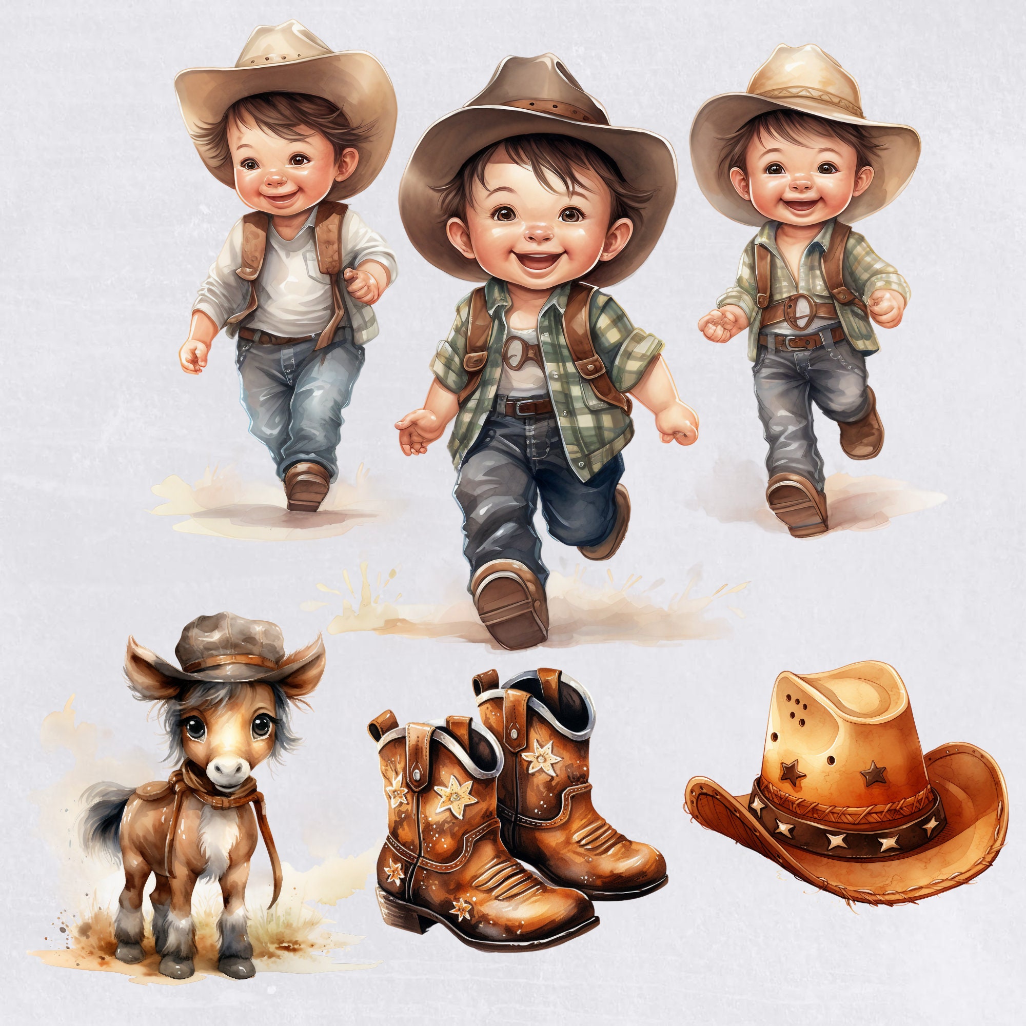 Baby Boy Cowboy Clipart, Watercolor Baby Shower, Cute Little Western ...
