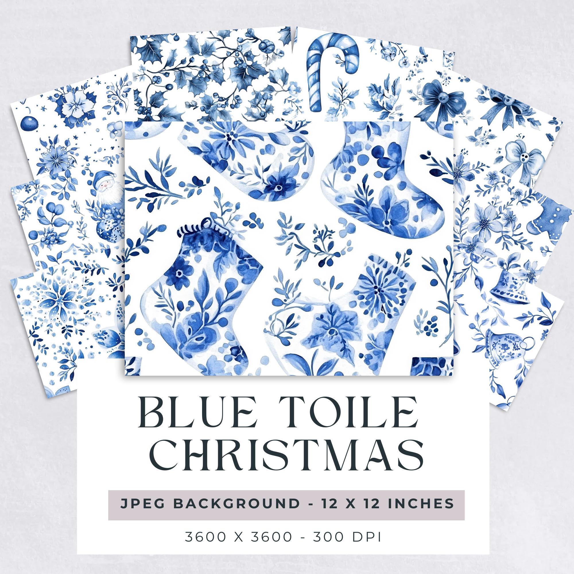 Christmas Toile Digital Paper, French Blue Chinoiserie Patterns, Winter ...