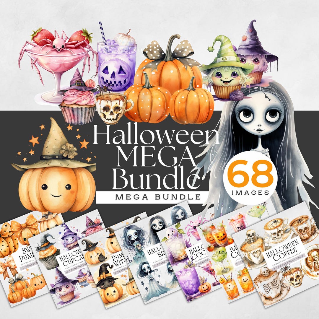 Halloween Mega Bundle, Watercolor Cocktails, Cupcakes, Pumpkins ...