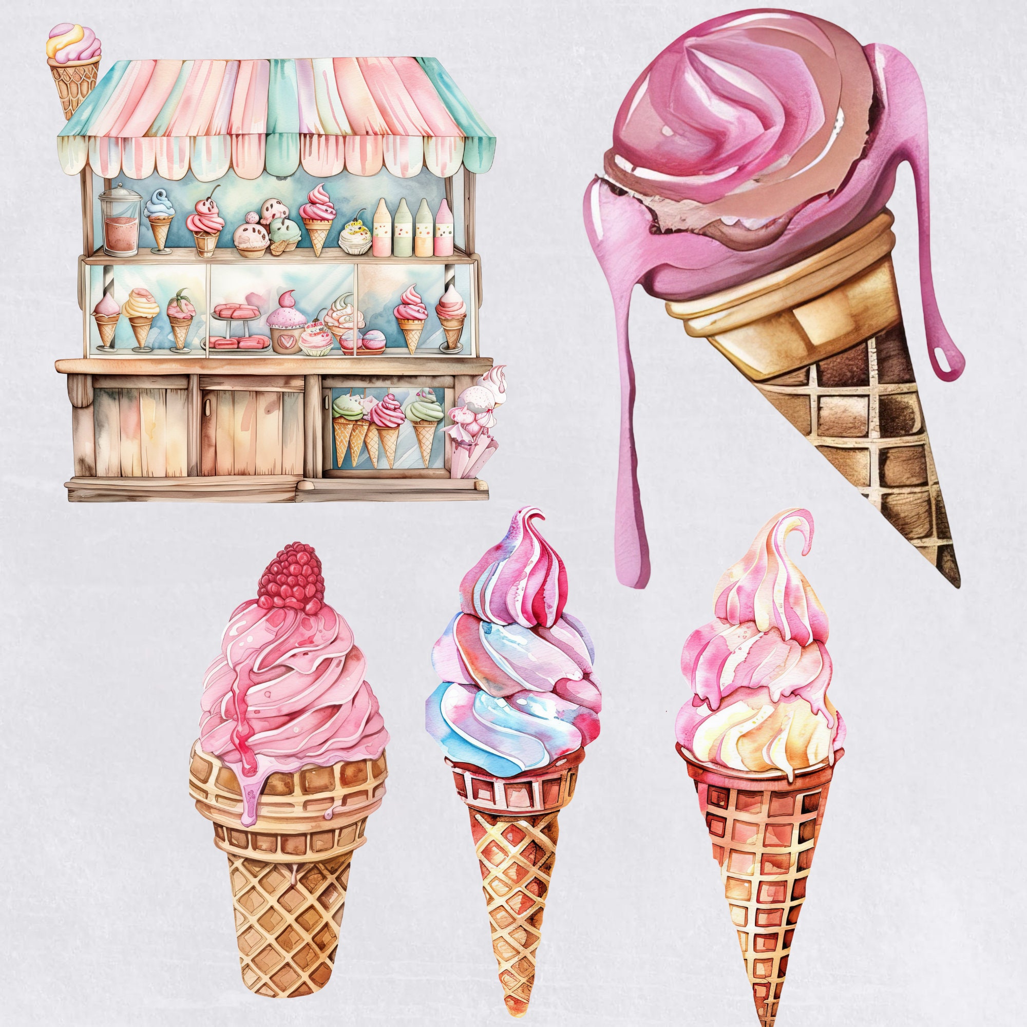 Ice Cream Shop Clipart, Watercolor Summer Clip Art, Icecream Cones ...