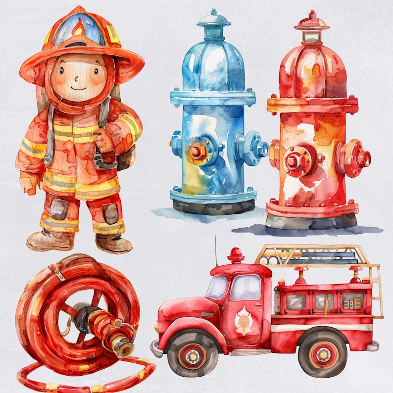 Firetruck Watercolor Clipart, MEGA BUNDLE, Fire Fighter Man Png ...