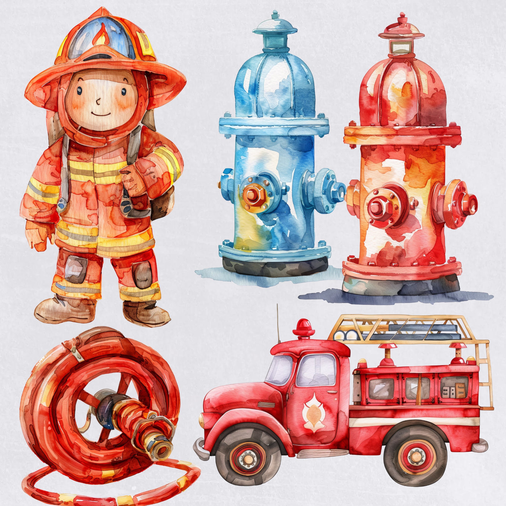 Firetruck Watercolor Clipart, MEGA BUNDLE, Fire Fighter Man Png ...