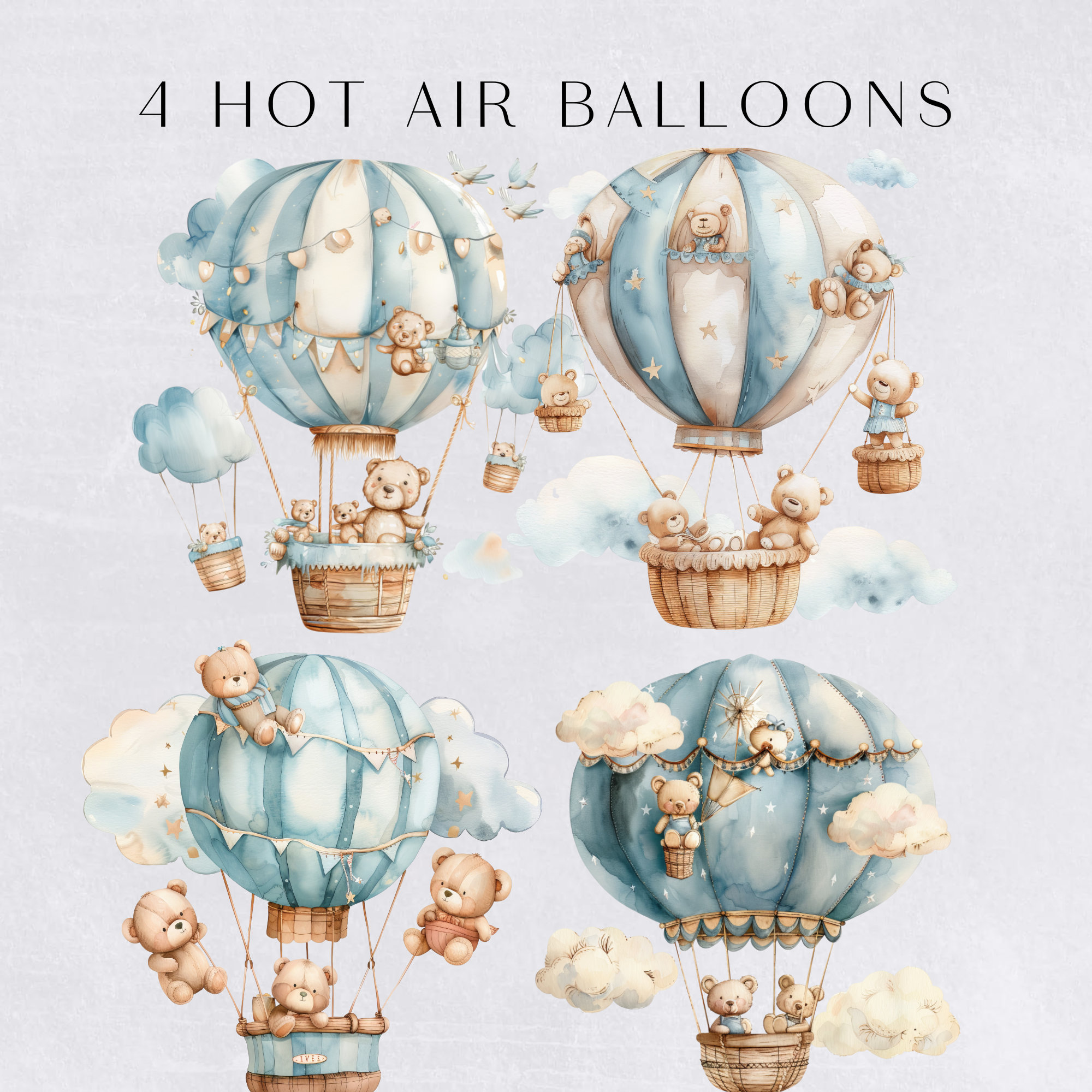 Hot Air Balloon Teddy Clipart, Blue Vintage Watercolor Teddies Graphics ...