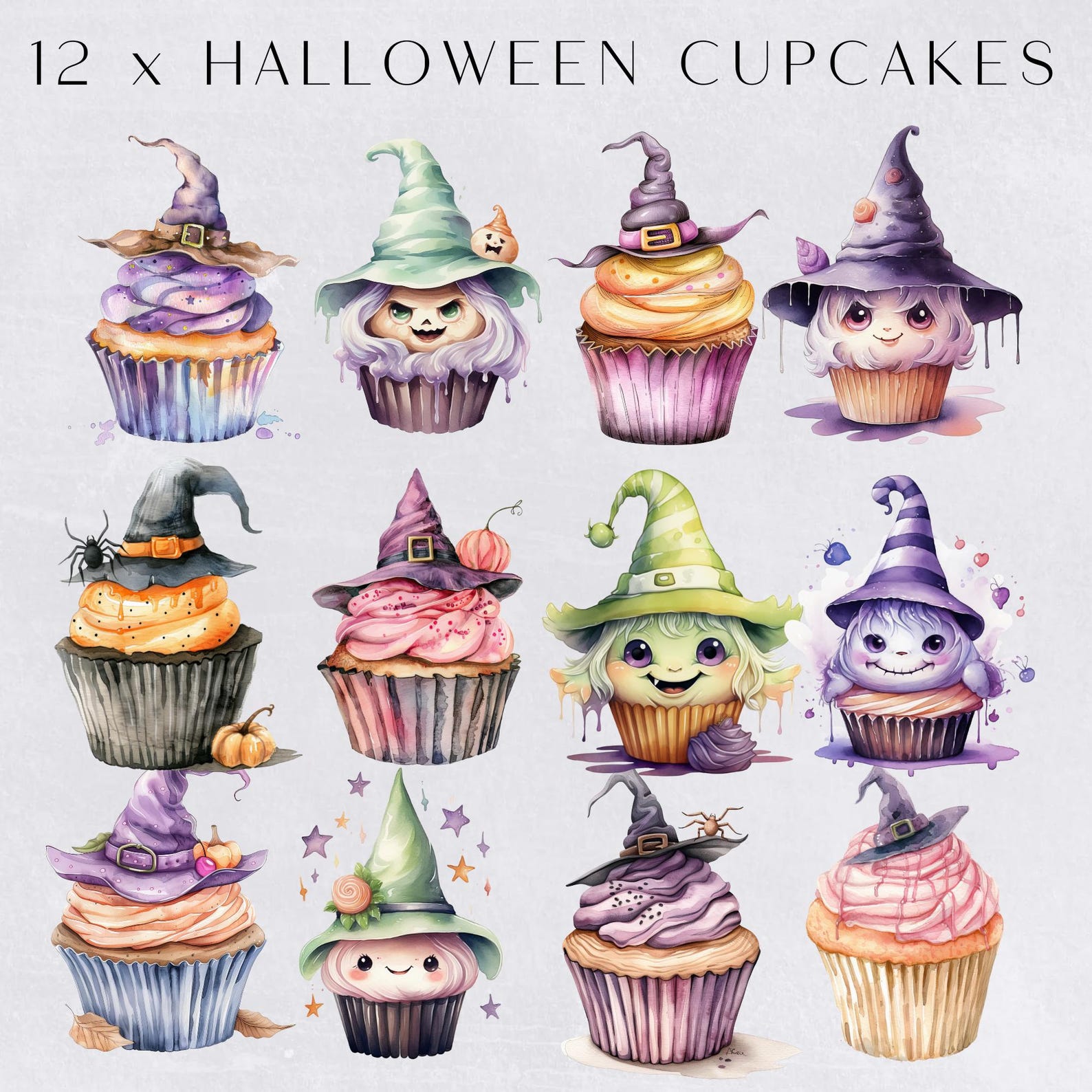 Halloween Cupcakes Clipart, Watercolor Witch Trick or Treats Clip Art ...