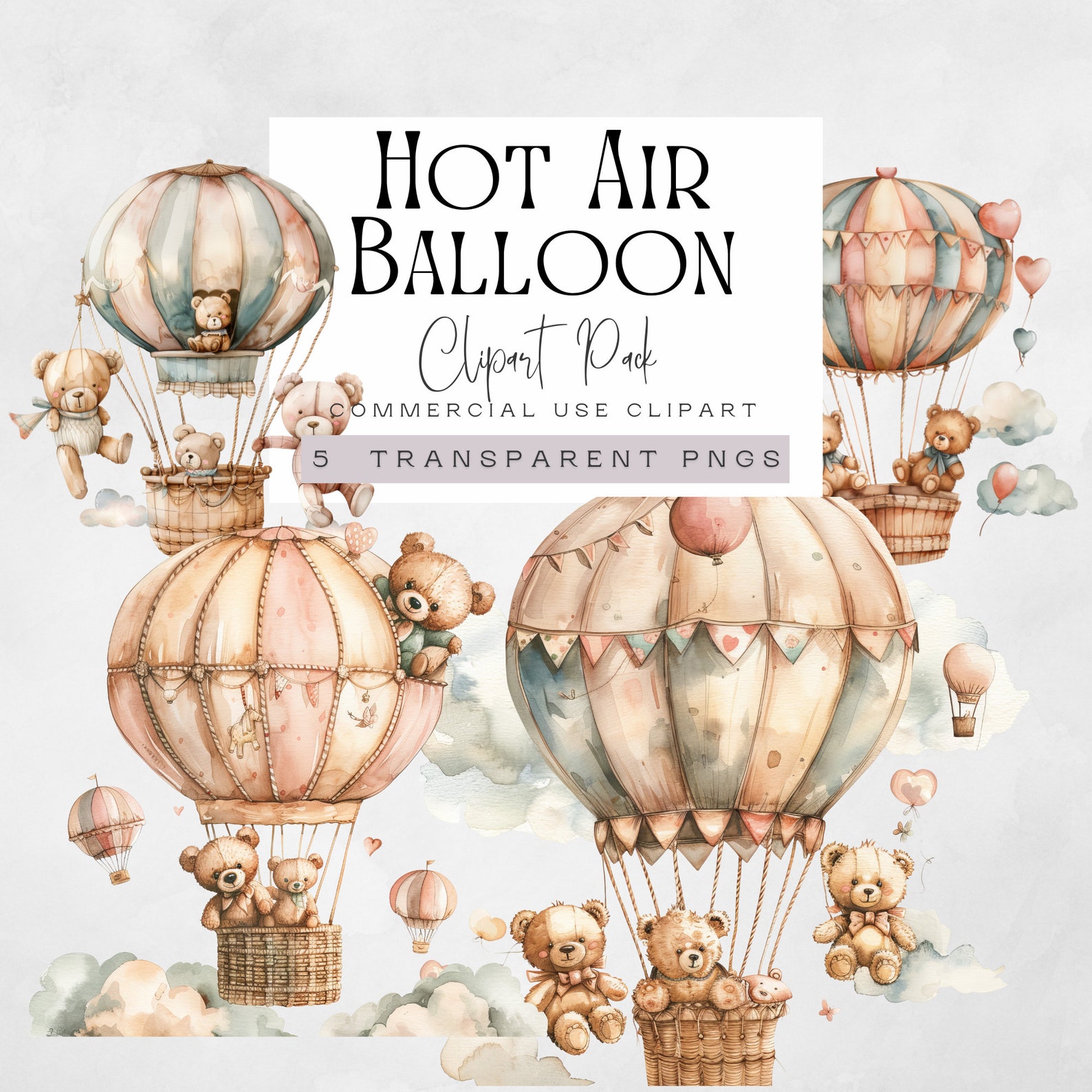 Bear and Hot Air Balloon Clipart BUNDLE Sage Green Teddy Graphics ...