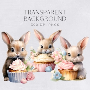 Easter Cupcake Clipart, Bunny Clipart Transparent, Watercolor Bunnies ...