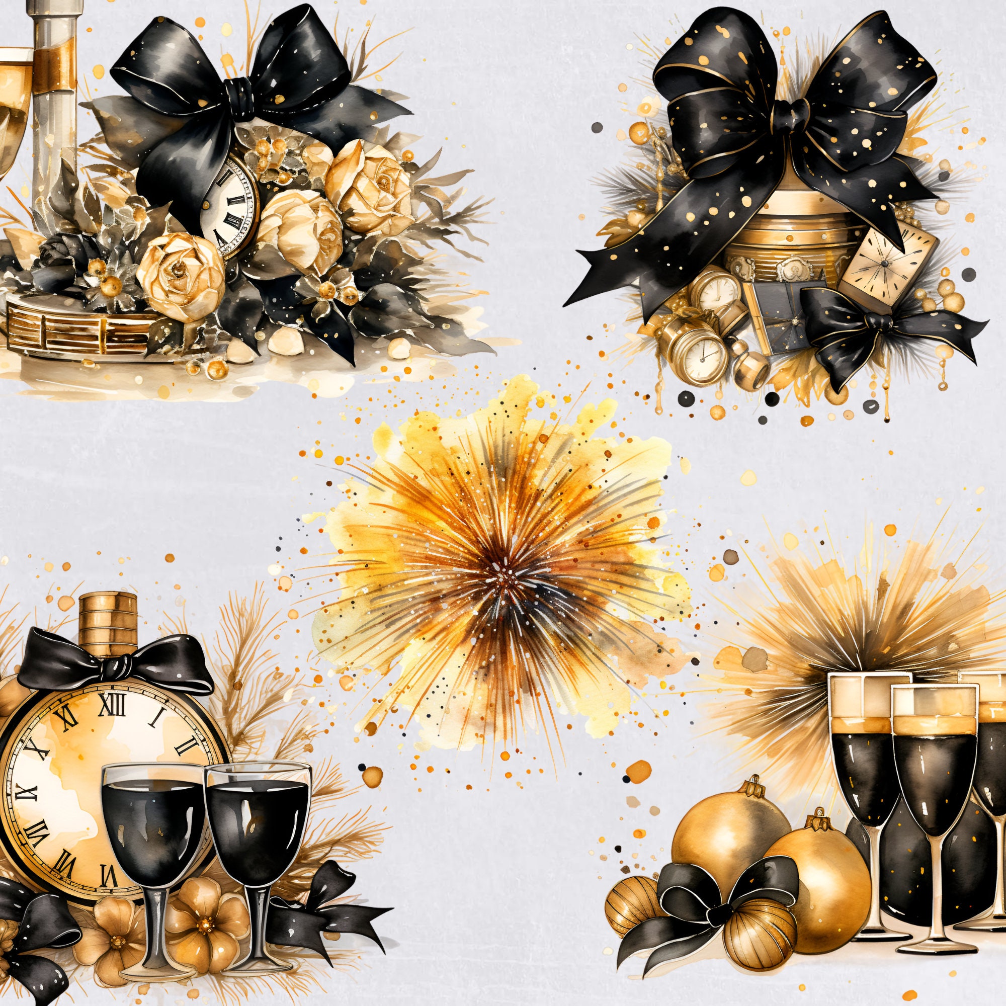 New Year Black and Gold Clipart, Happy New Year 2024 Clipart, 2024 ...